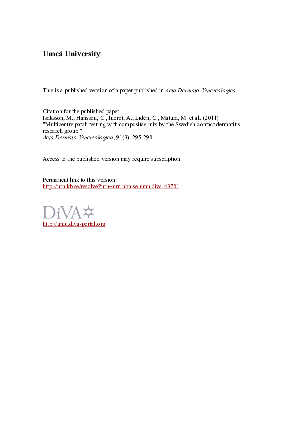 (PDF) Multicentre Patch Testing with Compositae Mix by the Swedish ...