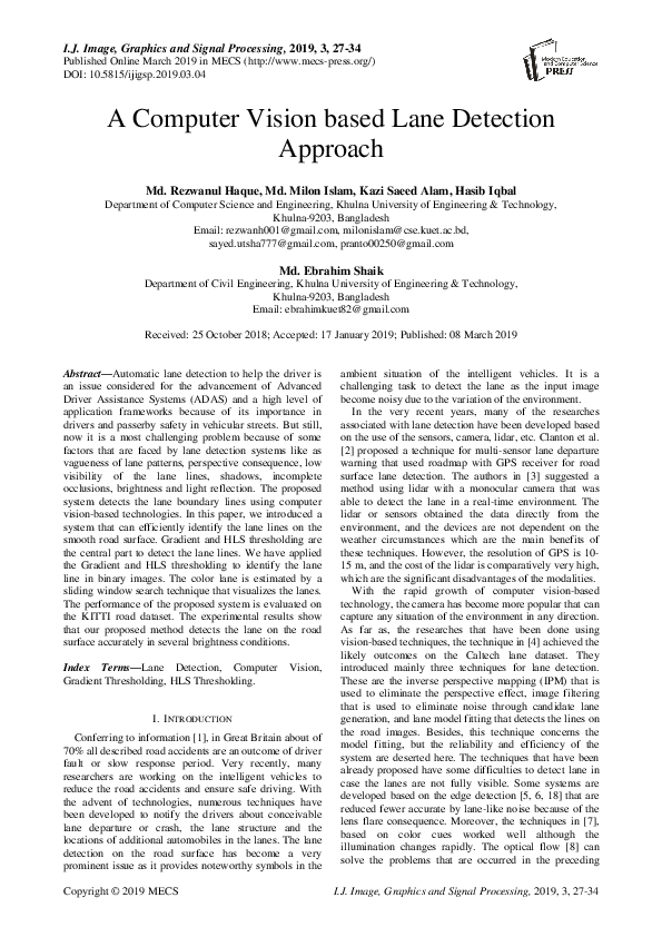 (PDF) A Computer Vision based Lane Detection Approach