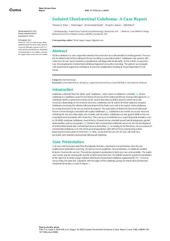 (PDF) Isolated Chorioretinal Coloboma: A Case Report | Teyyeb Janjua ...