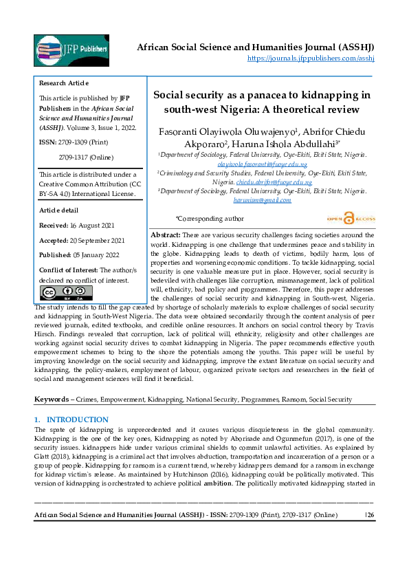 (PDF) Social security as a panacea to kidnapping in South-West Nigeria ...