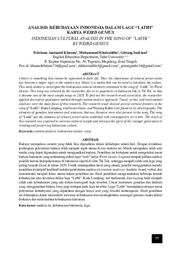 (PDF) Indonesian Cultural Analysis in the Song of “Lathi” by Weird Genius