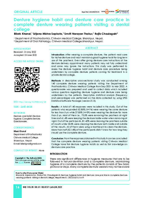 (PDF) Denture hygiene habit and denture care practice in complete ...