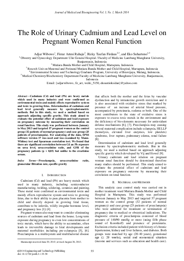 (PDF) The Role of Urinary Cadmium and Lead Level on Pregnant Women ...