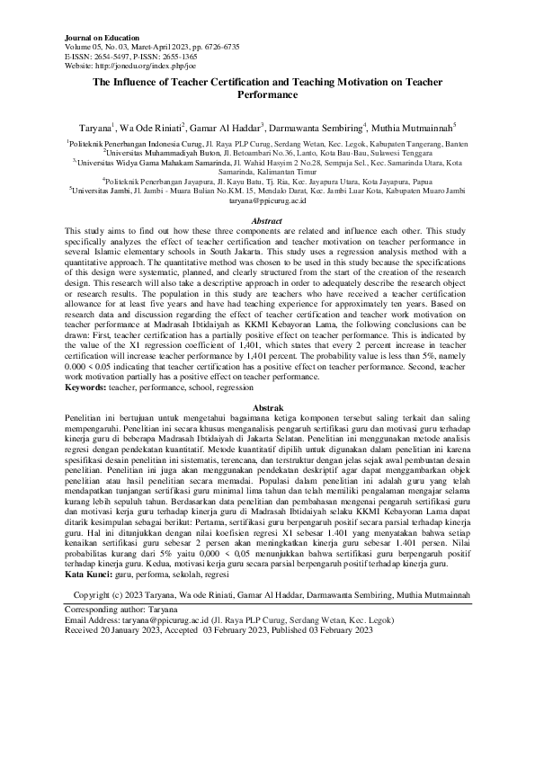 (PDF) The Influence of Teacher Certification and Teaching Motivation on ...