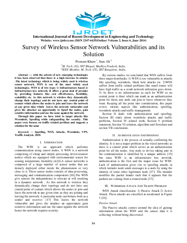 (PDF) Survey of Wireless Sensor Network Vulnerabilities and its Solution