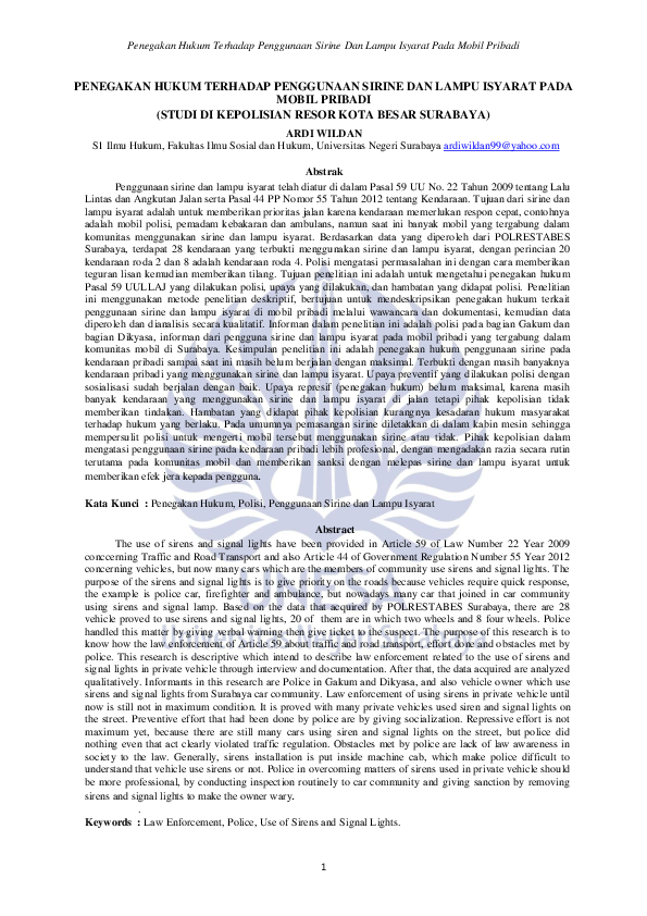 (PDF) Penegakan Hukum Terhadap Penggunaan Sirine Dan Lampu Isyarat Pada Mobil Pribadi(Studi DI ...