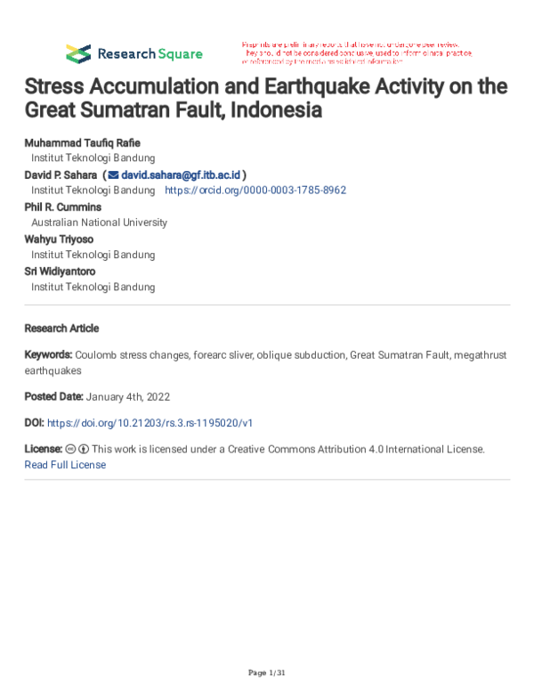 (PDF) Stress Accumulation and Earthquake Activity on the Great Sumatran ...