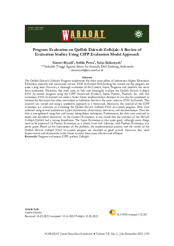 (PDF) Program Evaluation on Qafilah Dakwah Zulhijah: A Review of Evaluation Studies Using CIPP ...