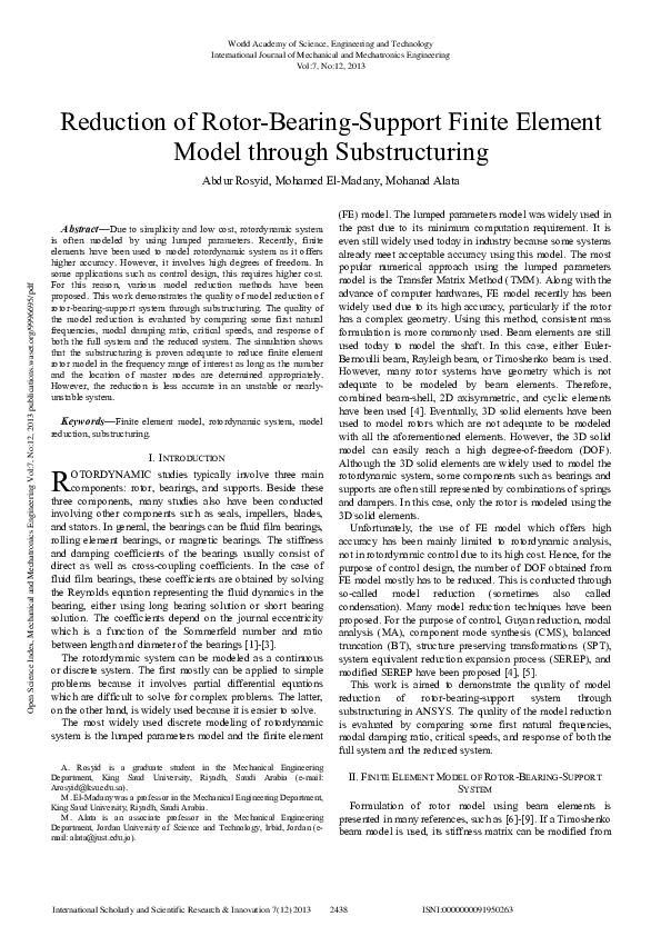 (PDF) Reduction Of Rotor-Bearing-Support Finite Element Model Through ...