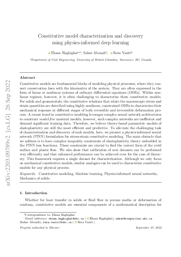 (PDF) Constitutive model characterization and discovery using physics-informed deep learning