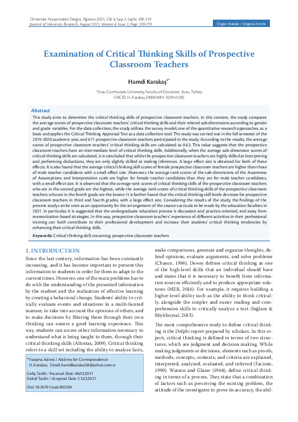 (PDF) Examination of Critical Thinking Skills of Prospective Classroom Teachers