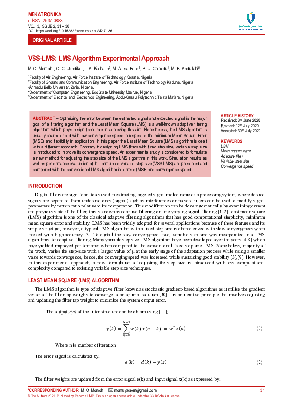 Pdf Vss Lms Lms Algorithm Experimental Approach