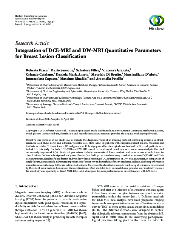 (PDF) Integration of DCE-MRI and DW-MRI Quantitative Parameters for Breast Lesion Classification ...