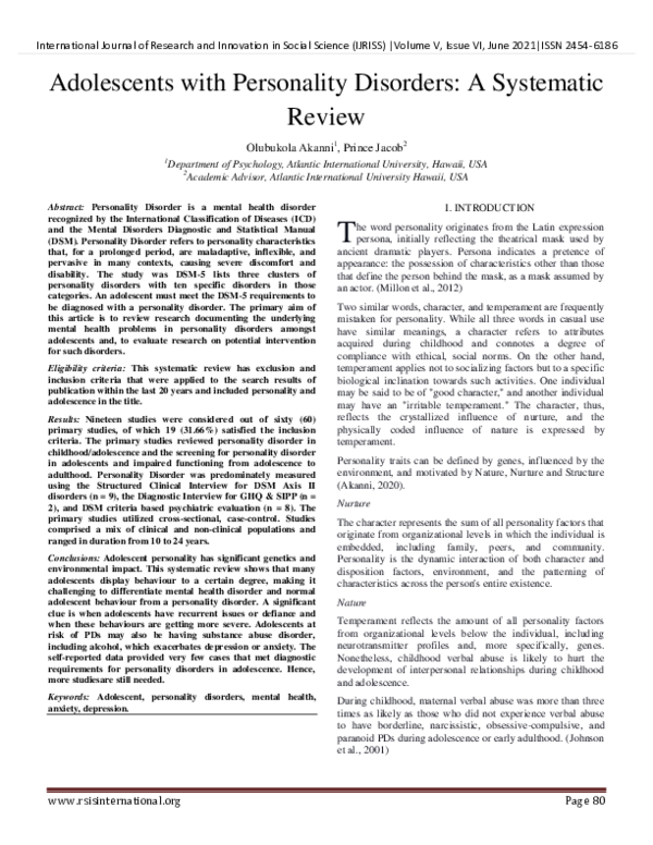 (PDF) Adolescents with Personality Disorders: A Systematic Review