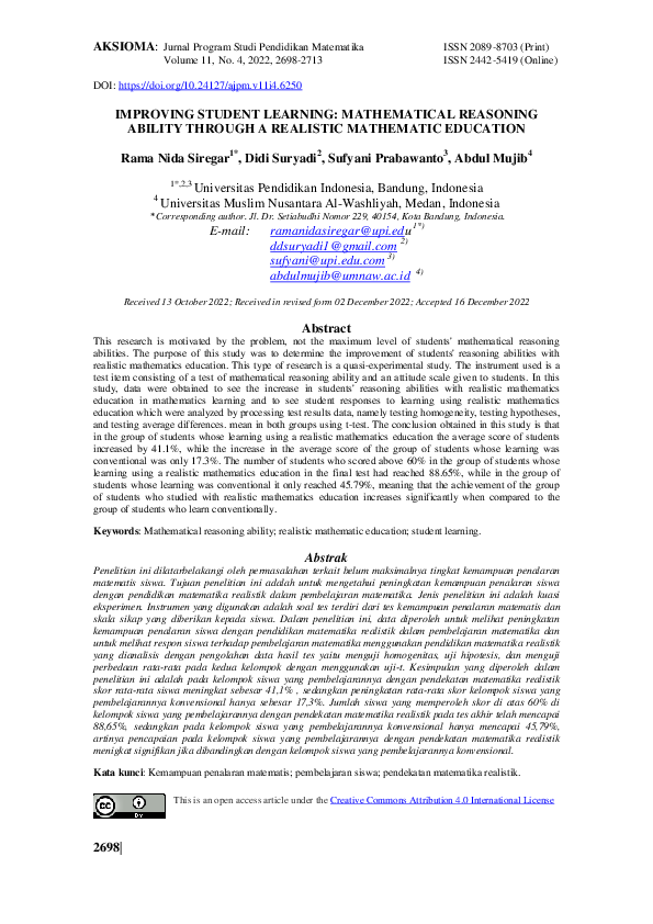(PDF) Improving Student Learning: Mathematical Reasoning Ability Through a Realistic Mathematic ...