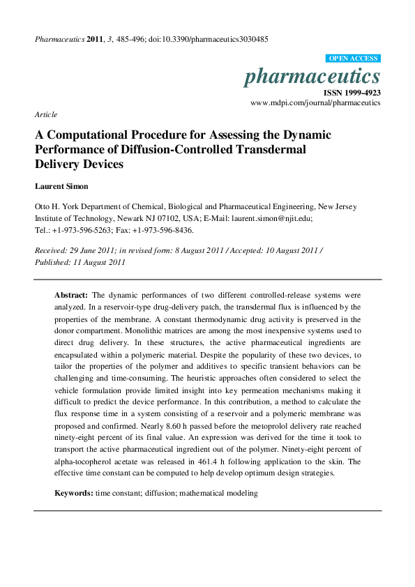 Pdf A Computational Procedure For Assessing The Dynamic Performance Of Diffusion Controlled