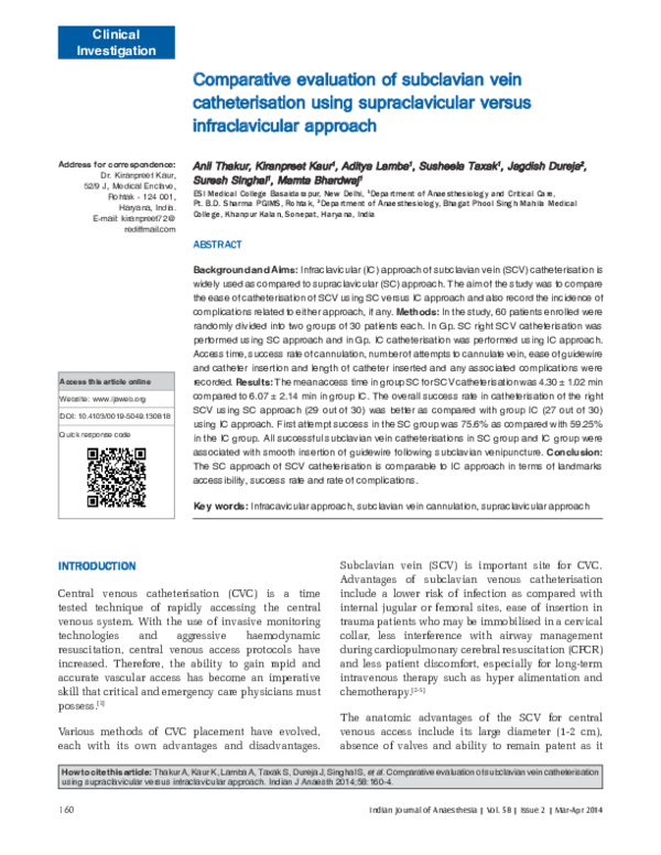 Pdf Supraclavicular Vs Infraclavicular Scv Catheterization