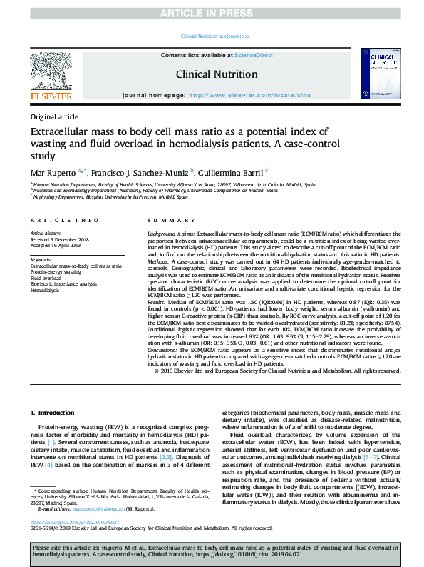 (PDF) Extracellular mass to body cell mass ratio as a potential index ...