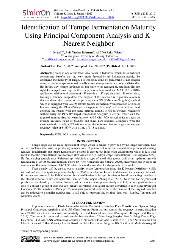 (PDF) Identification of Tempe Fermentation Maturity Using Principal Component Analysis and K ...