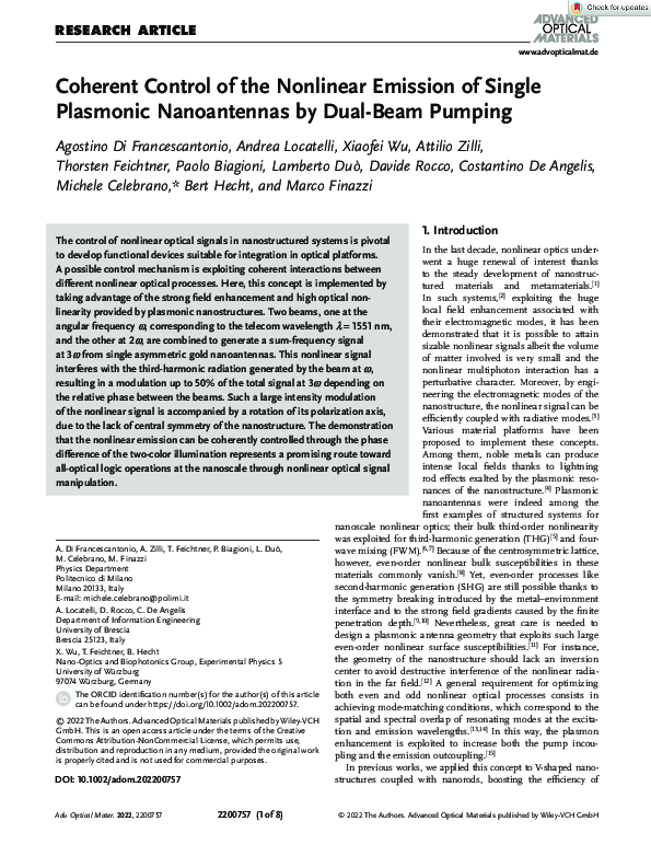 (PDF) Coherent Control of the Nonlinear Emission of Single Plasmonic Nanoantennas by Dual‐Beam ...