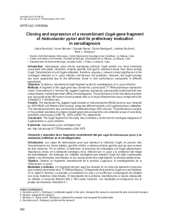 (PDF) Clonaje y expresión de un fragmento recombinante del gen cagA de ...