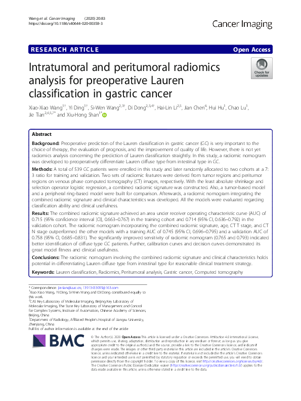 (PDF) Intratumoral and peritumoral radiomics analysis for preoperative ...