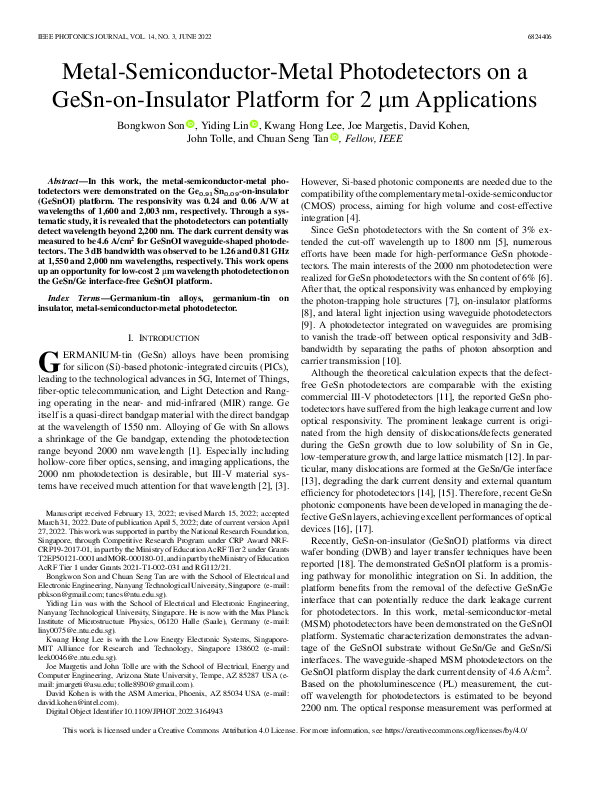 (PDF) Metal-Semiconductor-Metal Photodetectors on a GeSn-on-Insulator Platform for 2 µm Applications