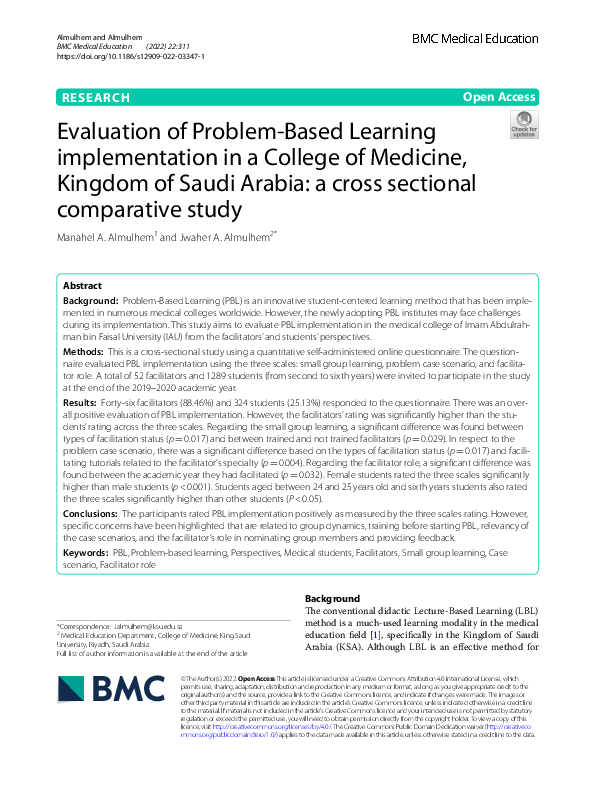(PDF) Evaluation of Problem-Based Learning implementation in a College of Medicine, Kingdom of ...