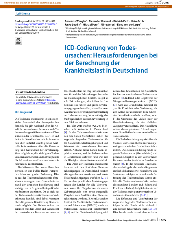 (PDF) ICD-Codierung von Todesursachen: Herausforderungen bei der ...