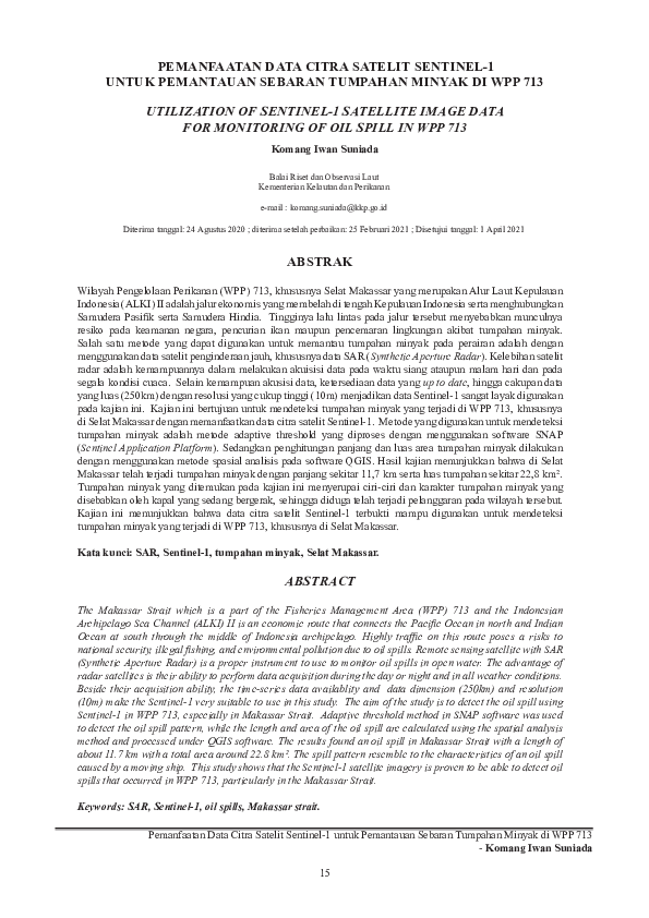 Pdf Pemanfaatan Data Citra Satelit Sentinel 1 Untuk Pemantauan Sebaran Tumpahan Minyak Di Wpp 713