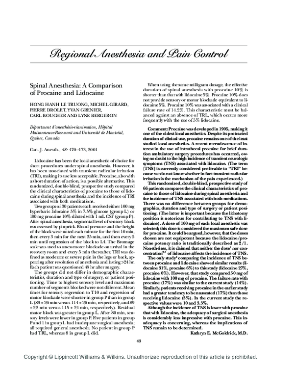 (PDF) The Clinical Use of Small-Dose Tetracaine Spinal Anesthesia for ...