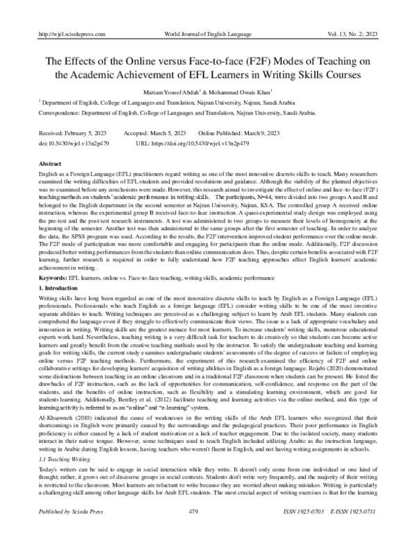 (PDF) The Effects of the Online versus Face-to-face (F2F) Modes of Teaching on the Academic ...