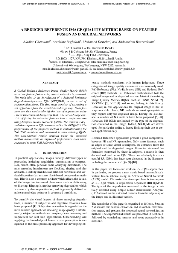 Pdf A Reduced Reference Image Quality Metric Based On Feature Fusion And Neural Networks