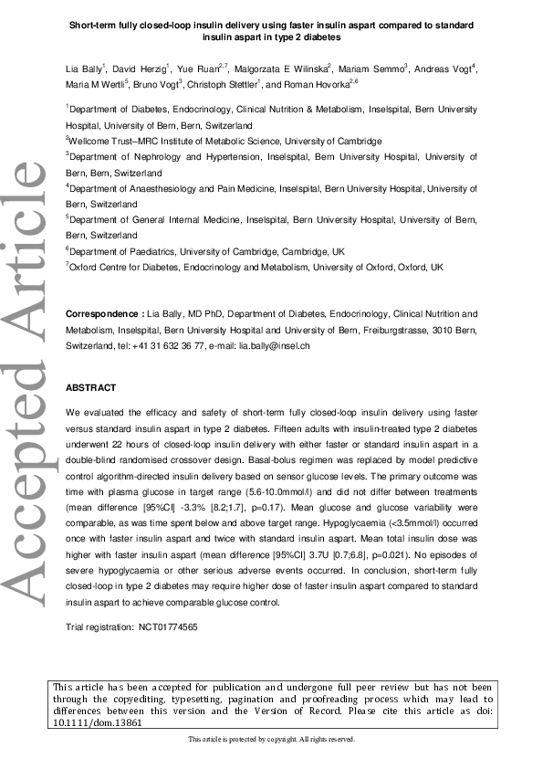 Pdf Short‐term Fully Closed‐loop Insulin Delivery Using Faster Insulin Aspart Compared With