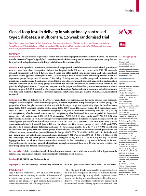 (PDF) Closed-loop insulin delivery in suboptimally controlled type 1 ...