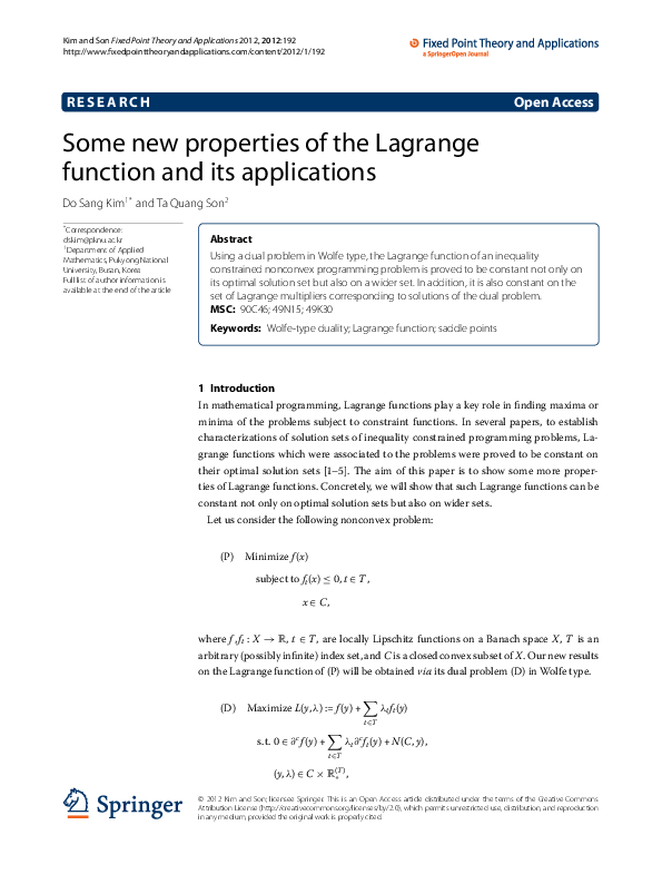 Pdf Some New Properties Of The Lagrange Function And Its Applications 0429