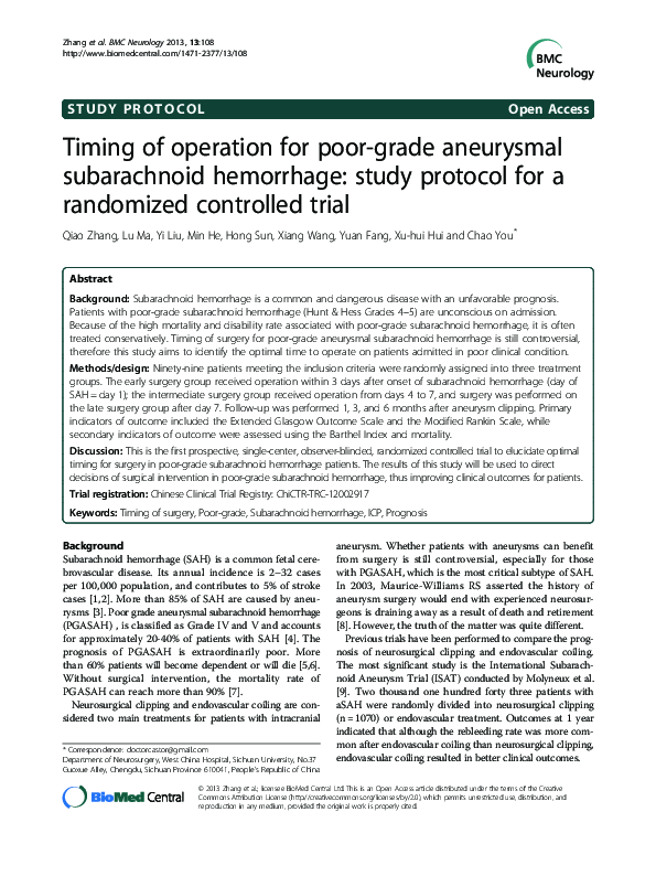(PDF) Timing of operation for poor-grade aneurysmal subarachnoid hemorrhage: study protocol for ...