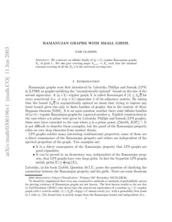 (PDF) Ramanujan Graphs with Small Girth