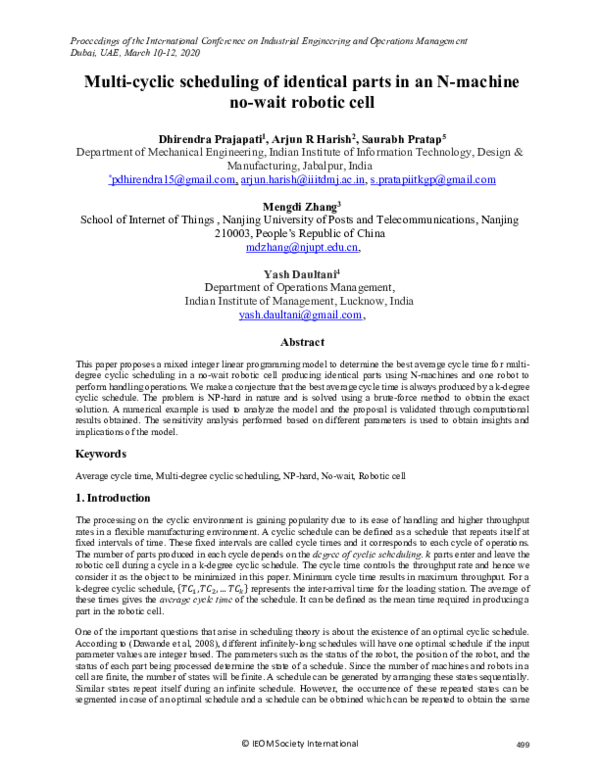 Multi Cyclic Scheduling Of Identical Parts In An N Machine No Wait Robotic Cell