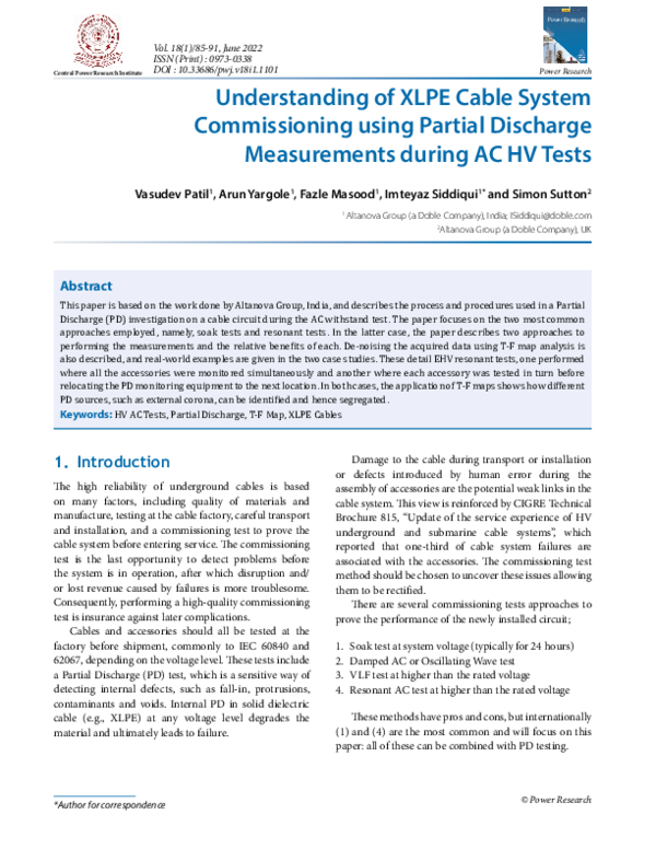 (PDF) Understanding of XLPE Cable System Commissioning using Partial Discharge Measurements ...