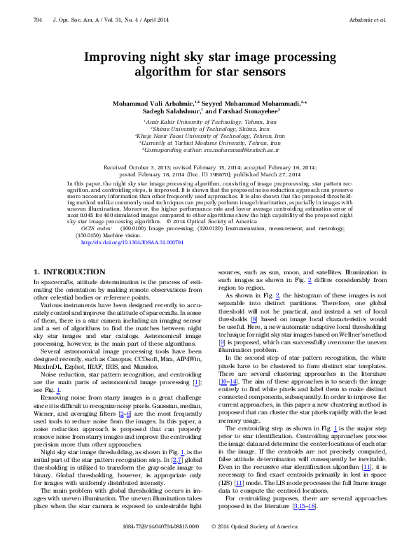 (PDF) Improving night sky star image processing algorithm for star sensors