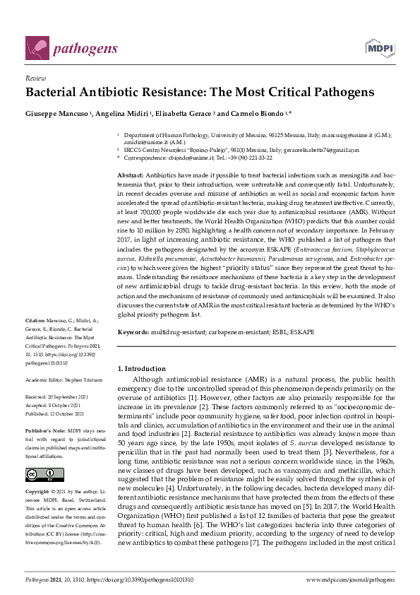 (PDF) Bacterial Antibiotic Resistance: The Most Critical Pathogens
