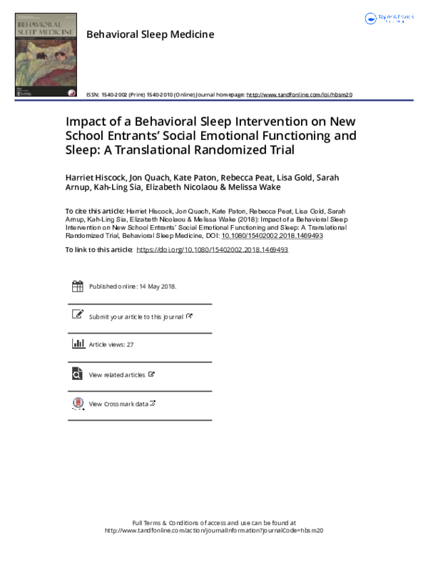 (PDF) Impact of a Behavioral Sleep Intervention on New School Entrants ...