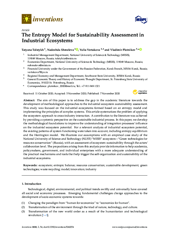 (PDF) The Entropy Model for Sustainability Assessment in Industrial ...
