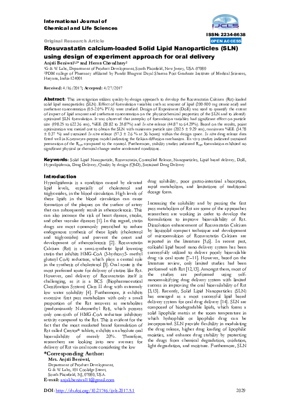 Pdf Rosuvastatin Calcium Loaded Solid Lipid Nanoparticles Sln Using Design Of Experiment