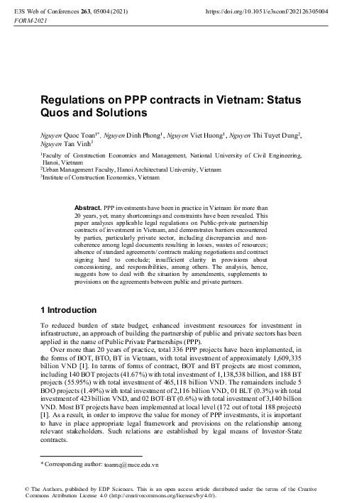 (PDF) Regulations on PPP contracts in Vietnam: Status Quos and Solutions