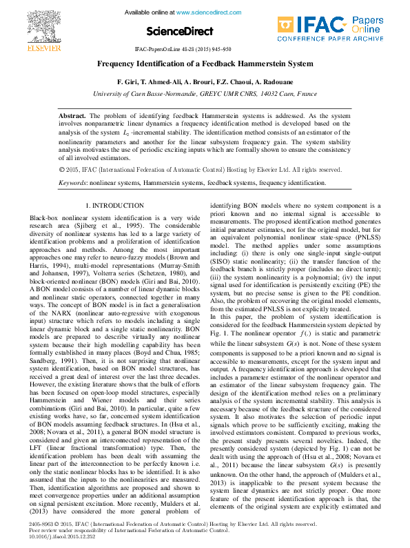 (PDF) Frequency Identification of a Feedback Hammerstein System