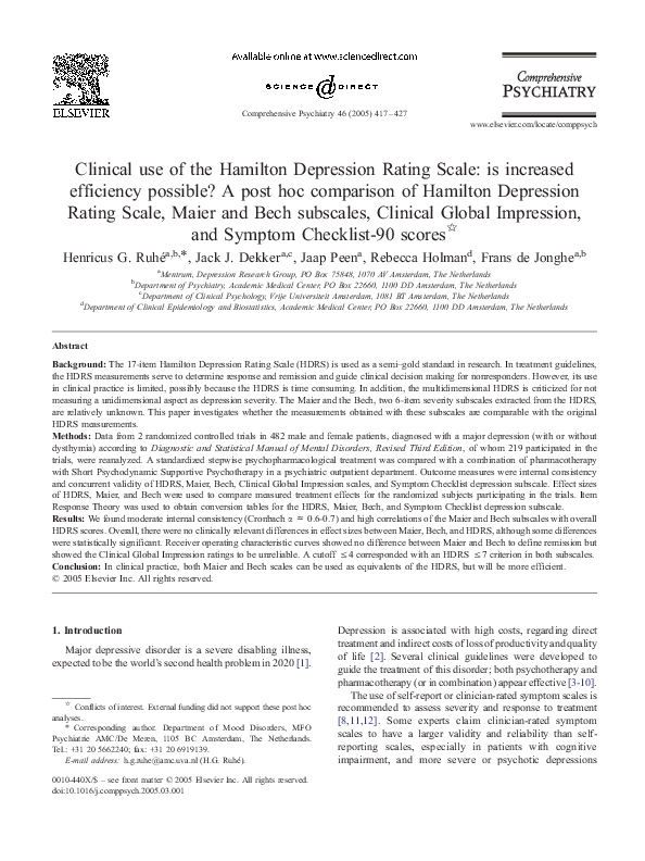 (PDF) Clinical use of the Hamilton Depression Rating Scale: is ...