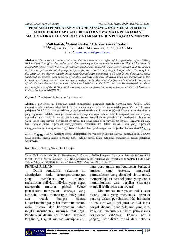 (PDF) Pengaruh Penerapan Metode Talking Stick Melalui Media Audio Terhadap Hasil Belajar Siswa ...