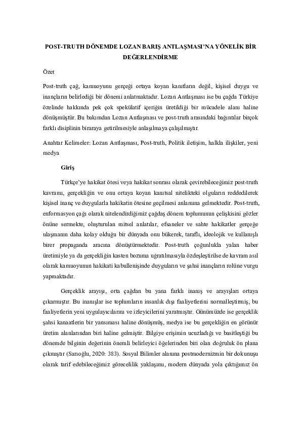 (PDF) Post-Truth ve Lozan Antlaşması
